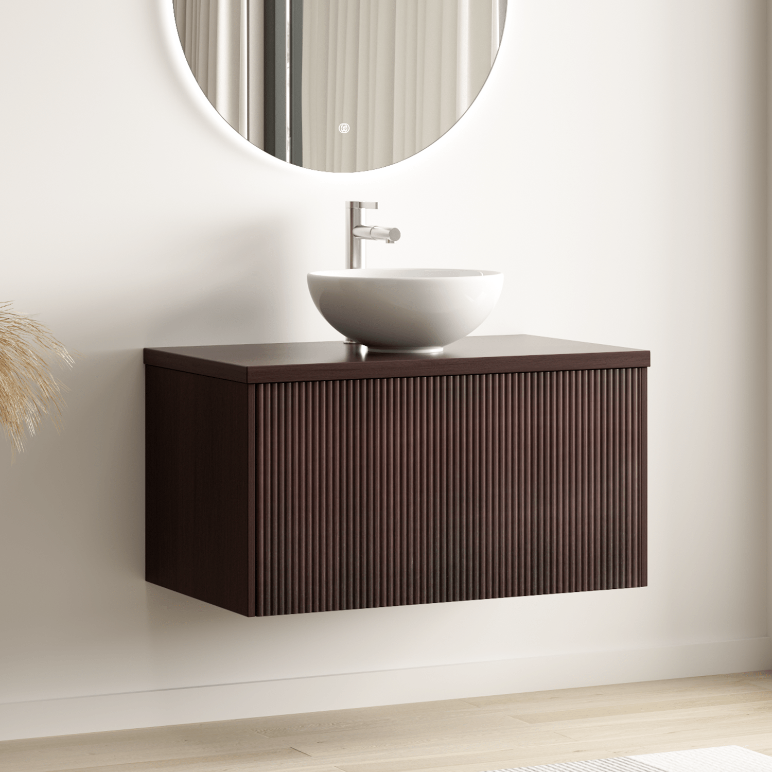 MESSINA Ribbel Walnoot - Waskom Wit - 80cm